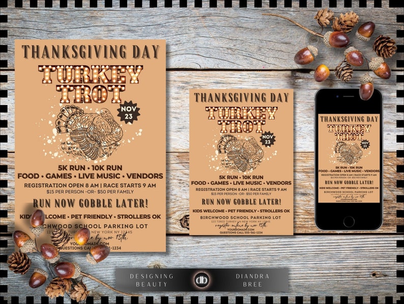 Editable Thanksgiving Turkey Trot Flyer Thanksgiving Day Marathon Fall ...