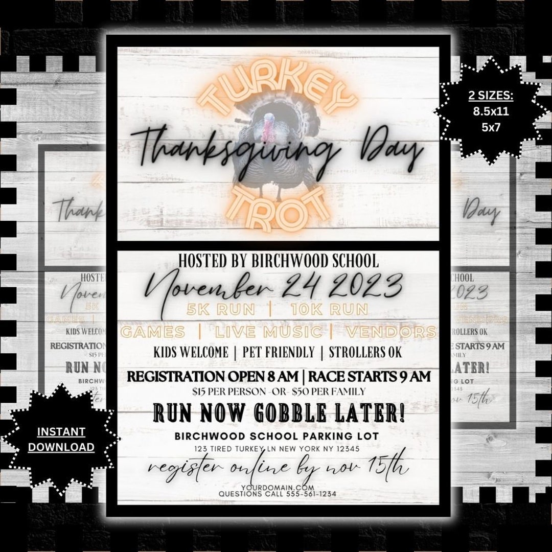 Editable Thanksgiving Turkey Trot Flyer Thanksgiving Day Marathon Fall ...