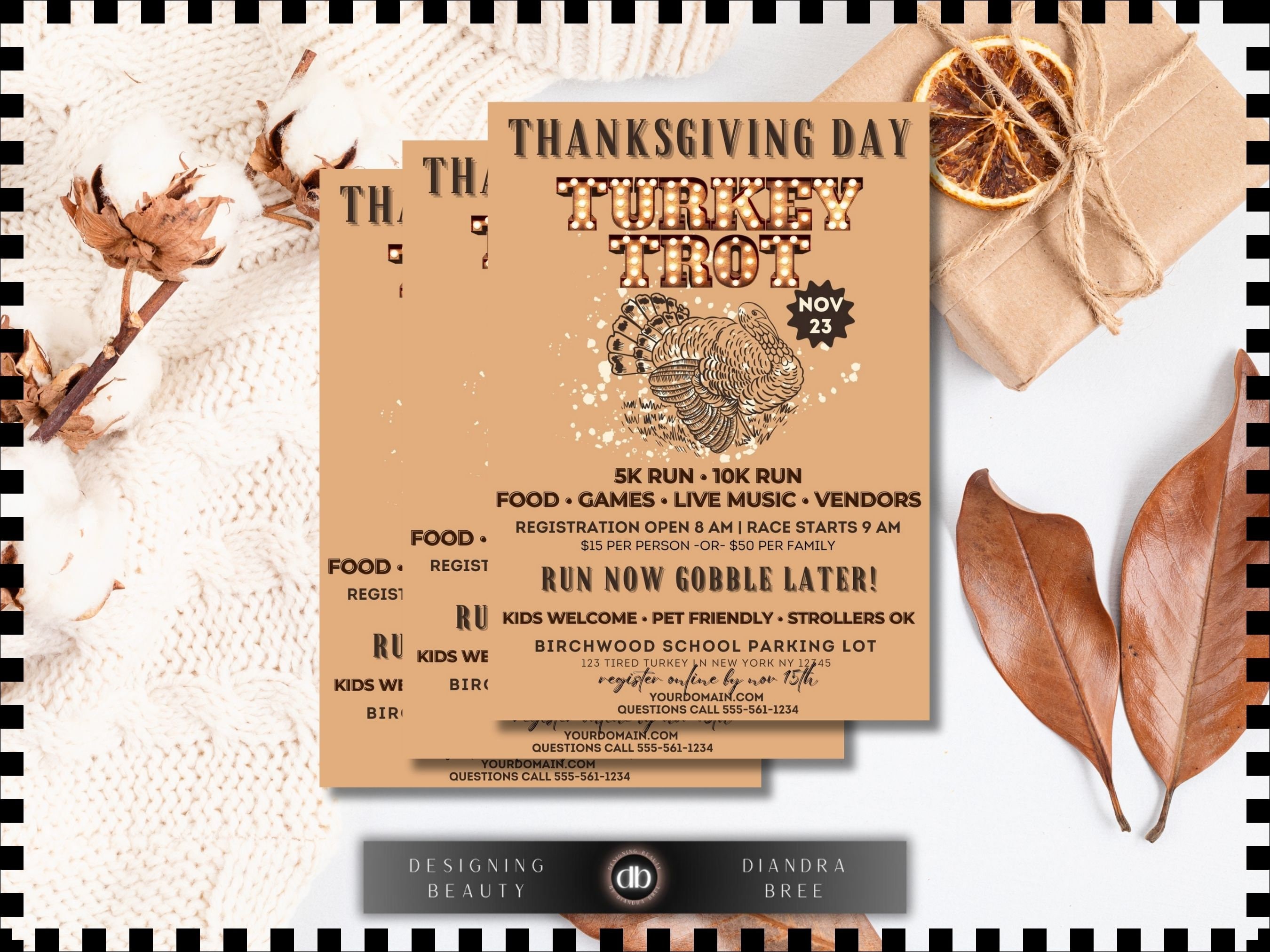 Editable Thanksgiving Turkey Trot Flyer Thanksgiving Day Marathon Fall ...