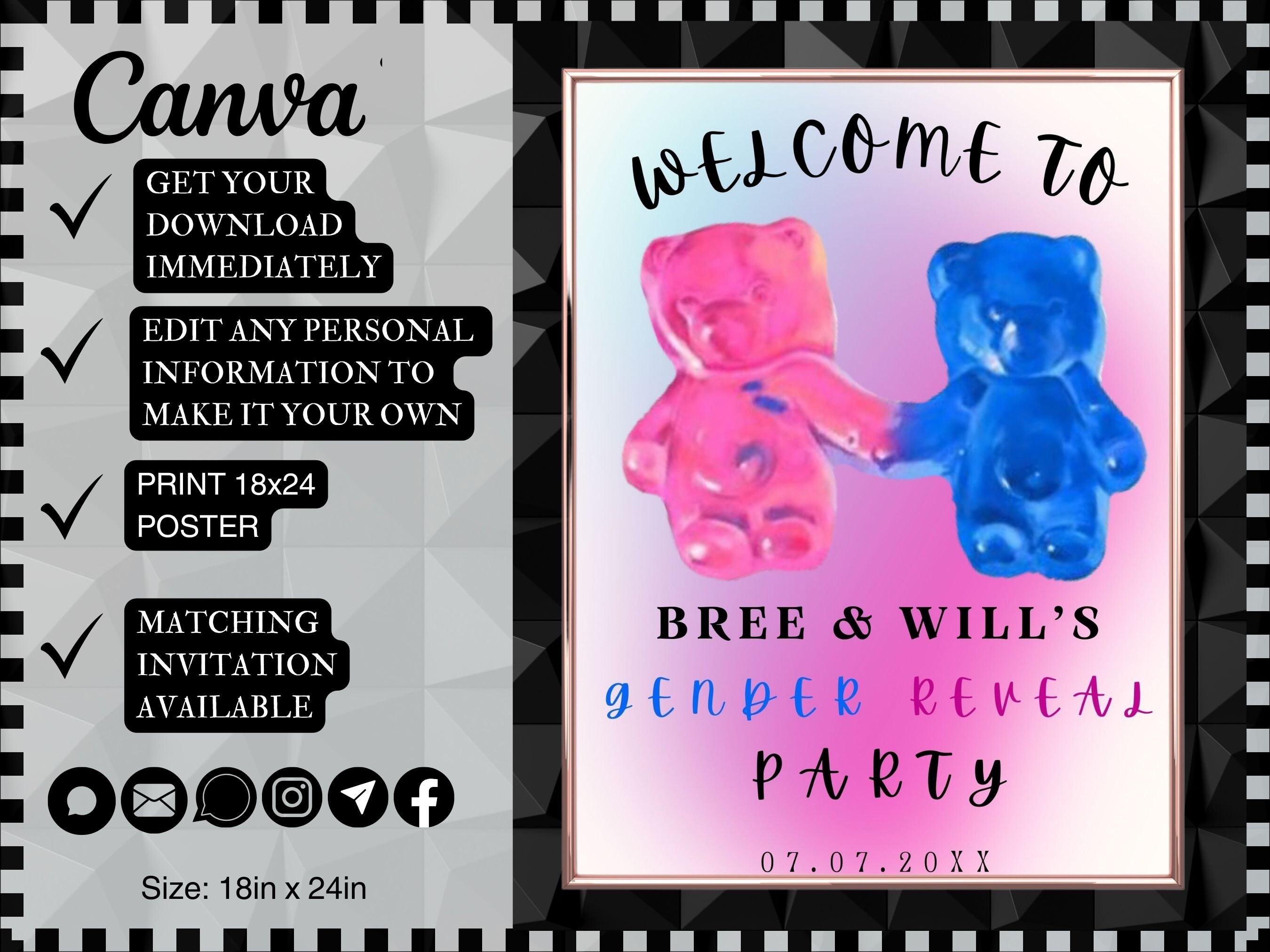 Editable Can Bearly Wait Gender Reveal Welcome Sign Gummy Bear He or ...