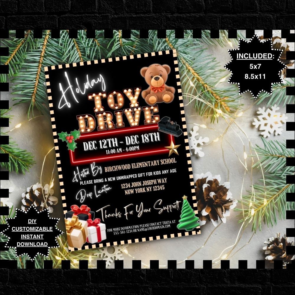 Editable Holiday Toy Drive Christmas Flyer Community Toy Donation Sign ...