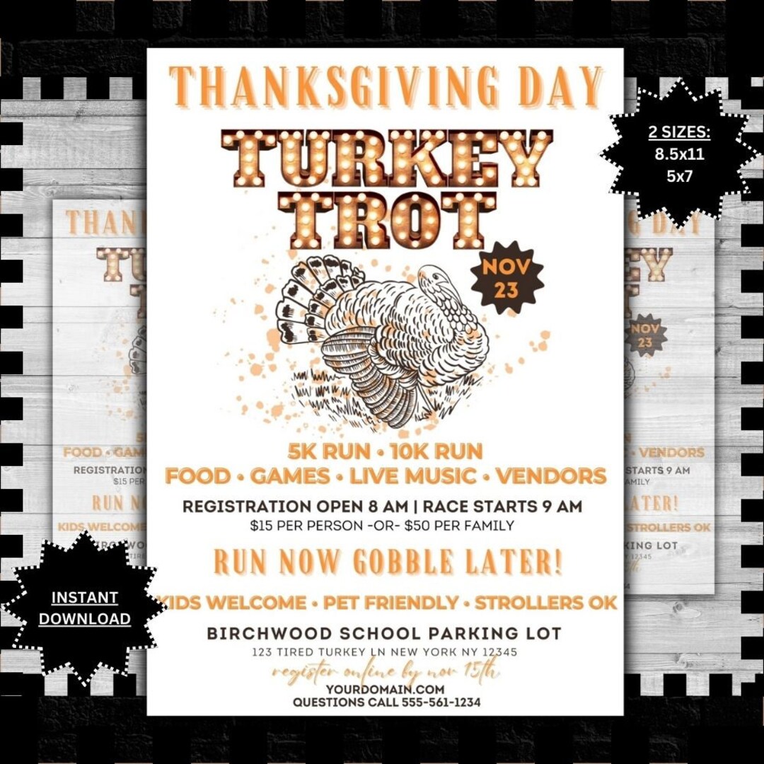 Editable Thanksgiving Turkey Trot Flyer Thanksgiving Day Marathon Fall ...