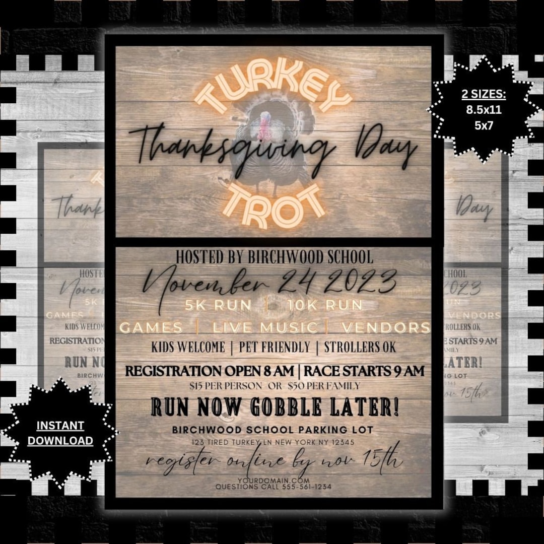 Editable Thanksgiving Turkey Trot Flyer Thanksgiving Day Marathon Fall ...