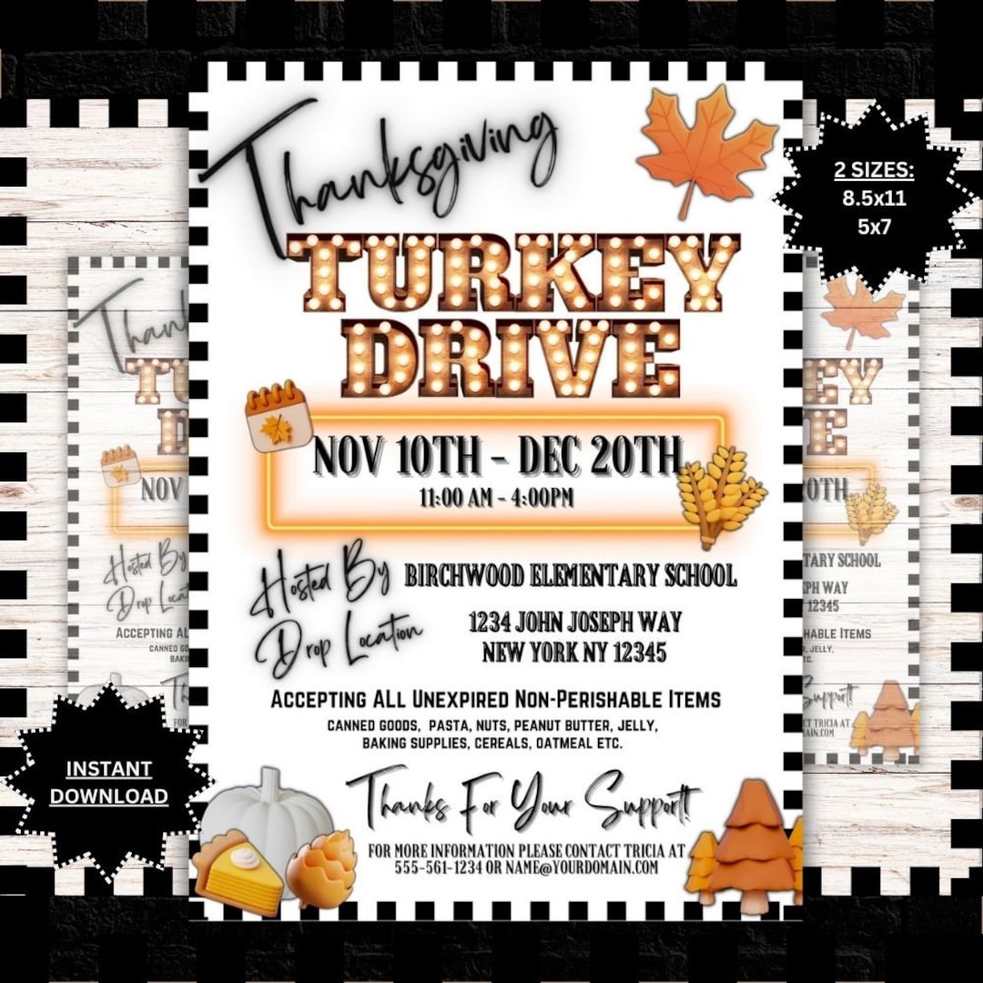 Editable Thanksgiving Fall Turkey Drive Flyer Community Hunger Drive ...