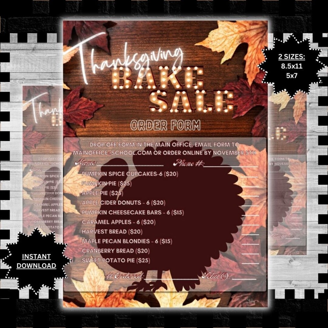 Editable Thanksgiving Bake Sale Order Form Flyer Template Printable ...