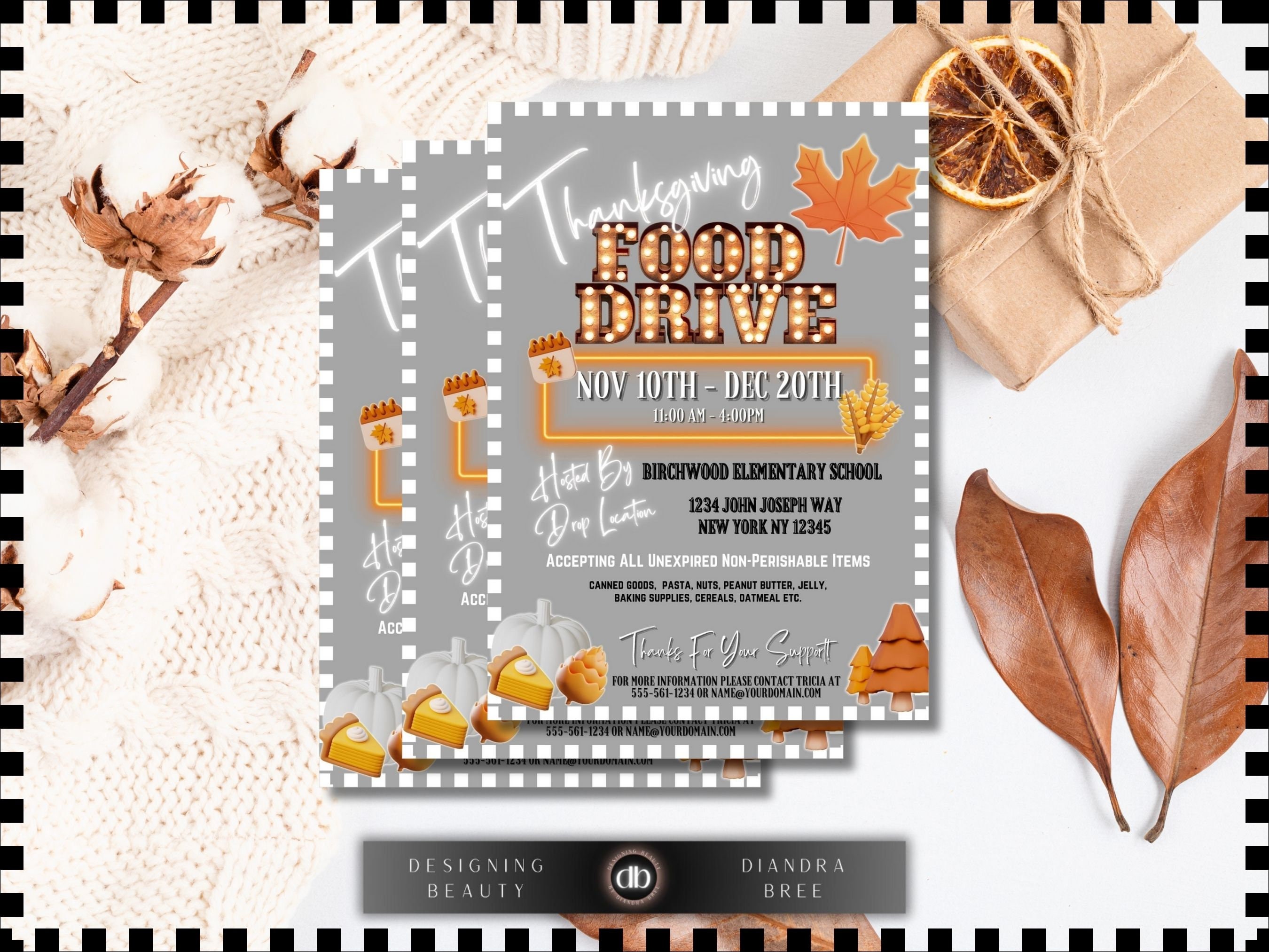 Editable Thanksgiving Fall Food Drive Flyer Community Hunger Drive ...