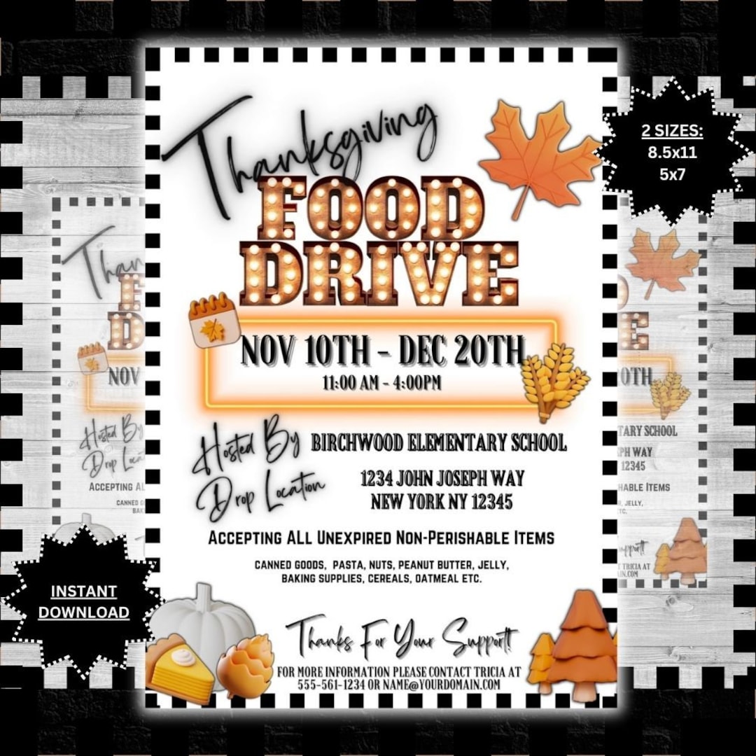 Editable Thanksgiving Fall Food Drive Flyer Community Hunger Drive ...