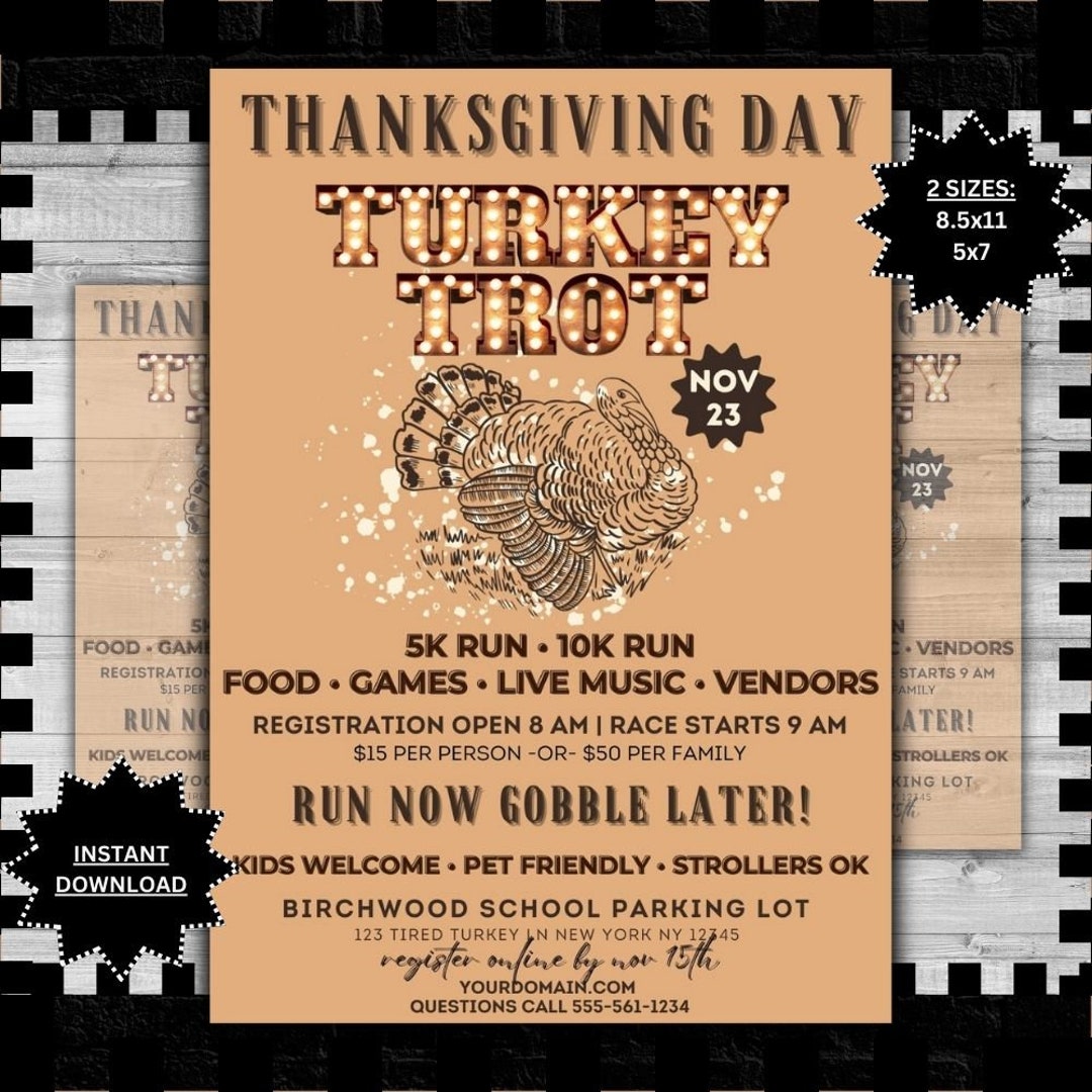 Editable Thanksgiving Turkey Trot Flyer Thanksgiving Day Marathon Fall ...