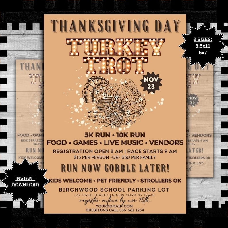 Editable Thanksgiving Turkey Trot Flyer Thanksgiving Day Marathon Fall ...