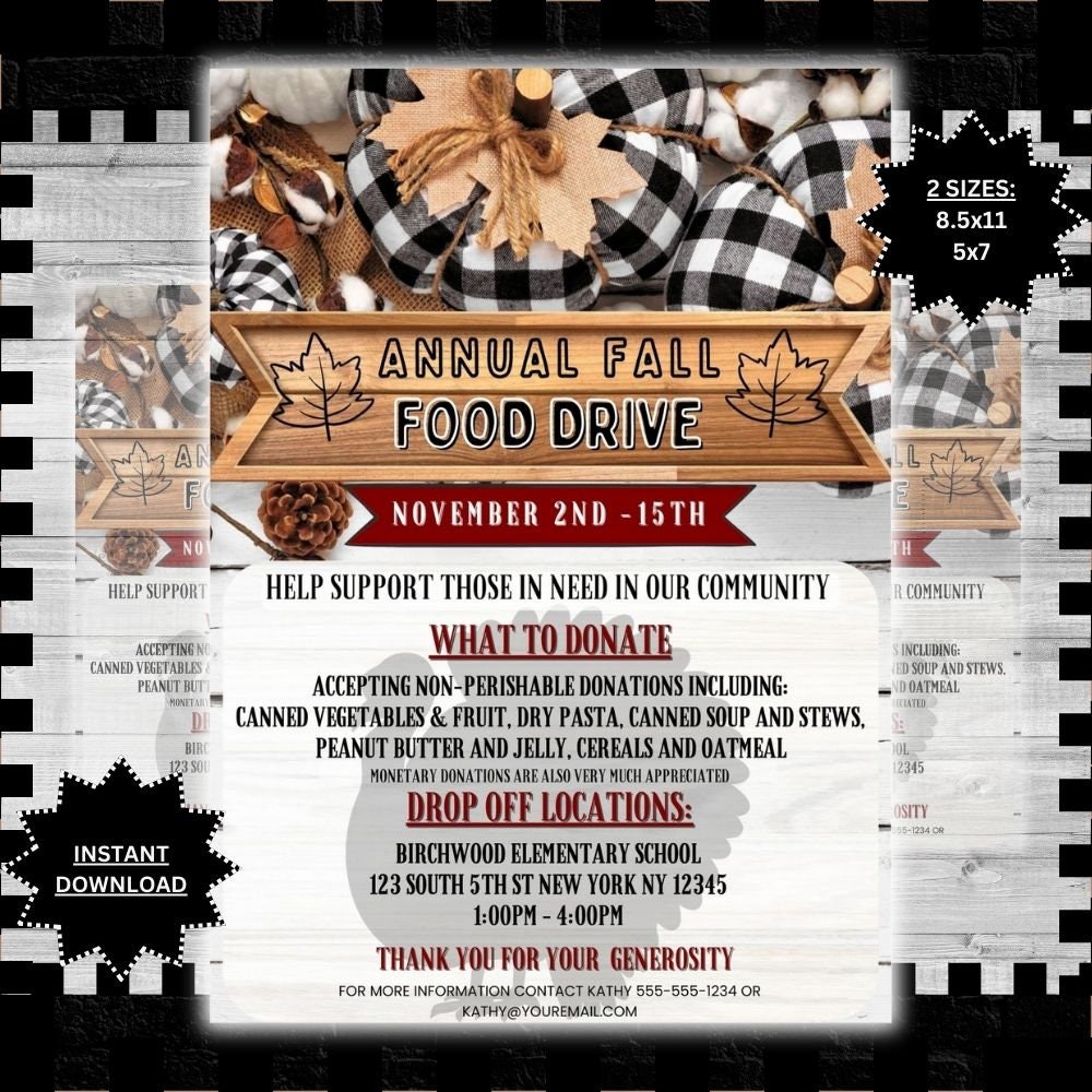 Editable Annual Fall Food Drive Flyer Community Hunger Drive Autumn Donation Food Drive Sign ...