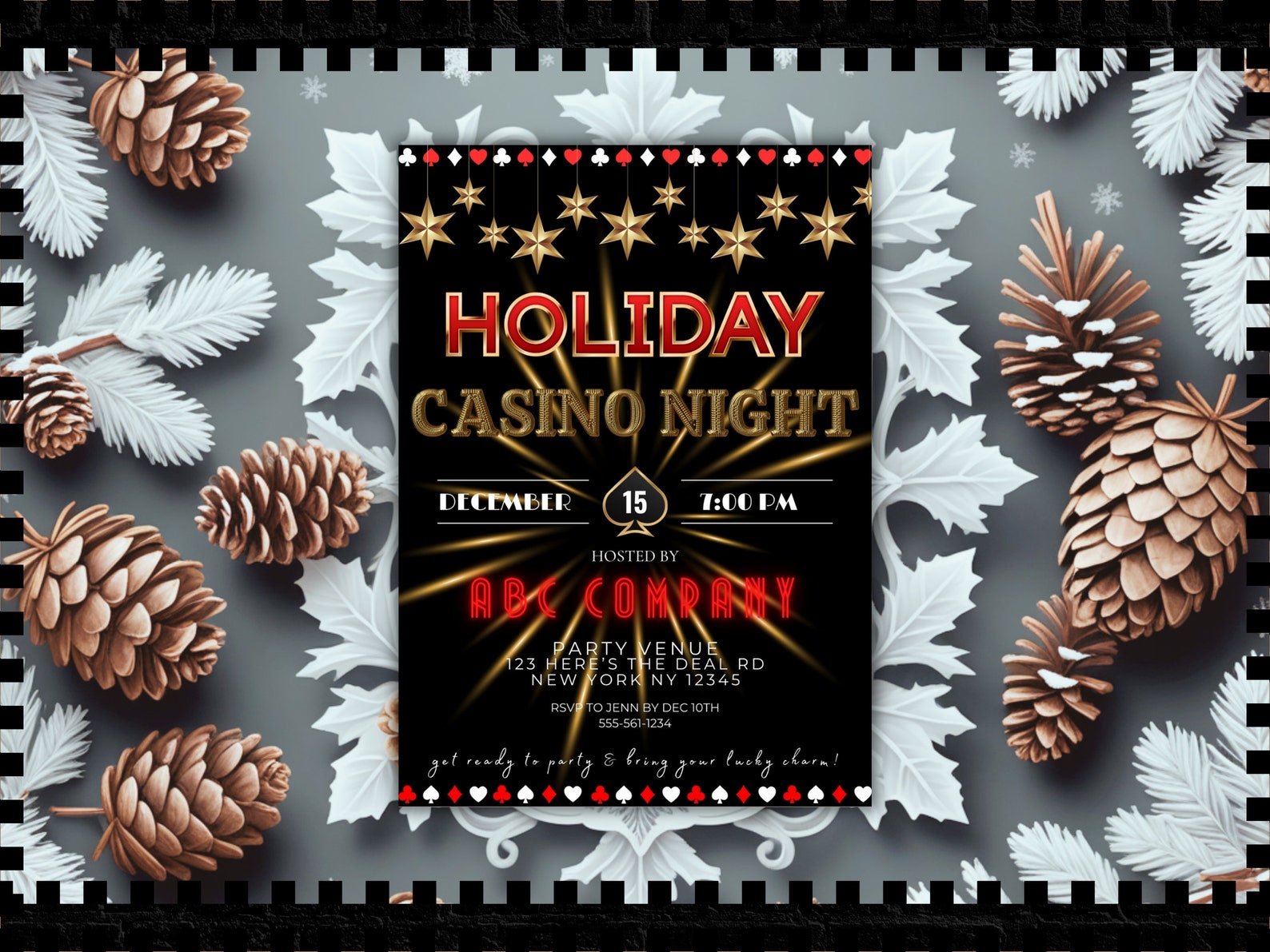 Editable Holiday Casino Party Gold Winter Casino Theme Party Invitation ...