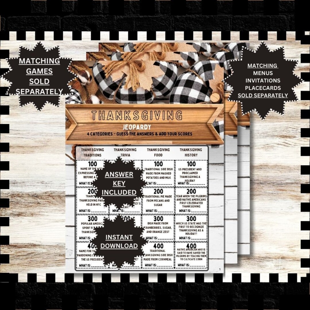 Thanksgiving Jeopardy Party Game Printable Rustic Pumpkin Fall Activity ...