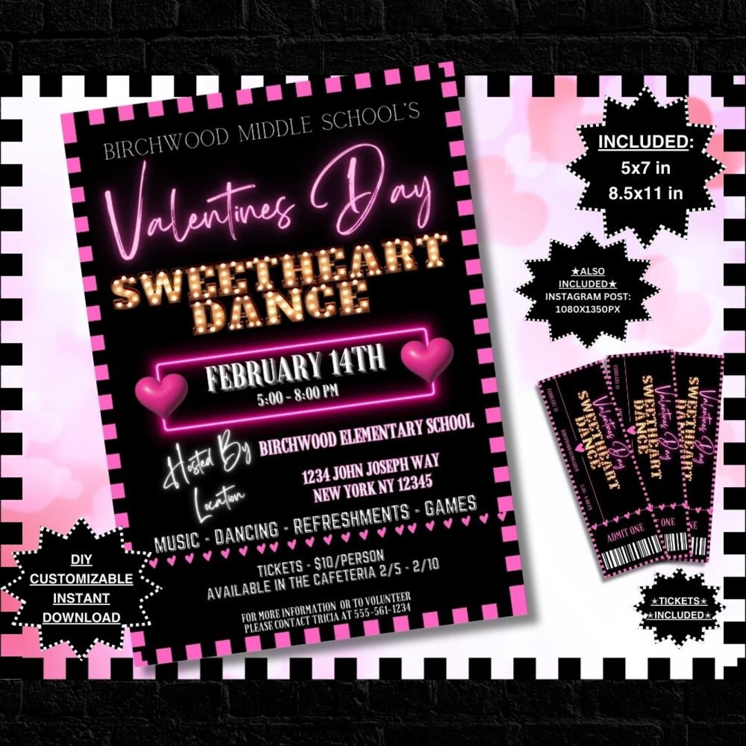 Editable Valentines Day Sweetheart Dance Flyer School Dance Flyer ...