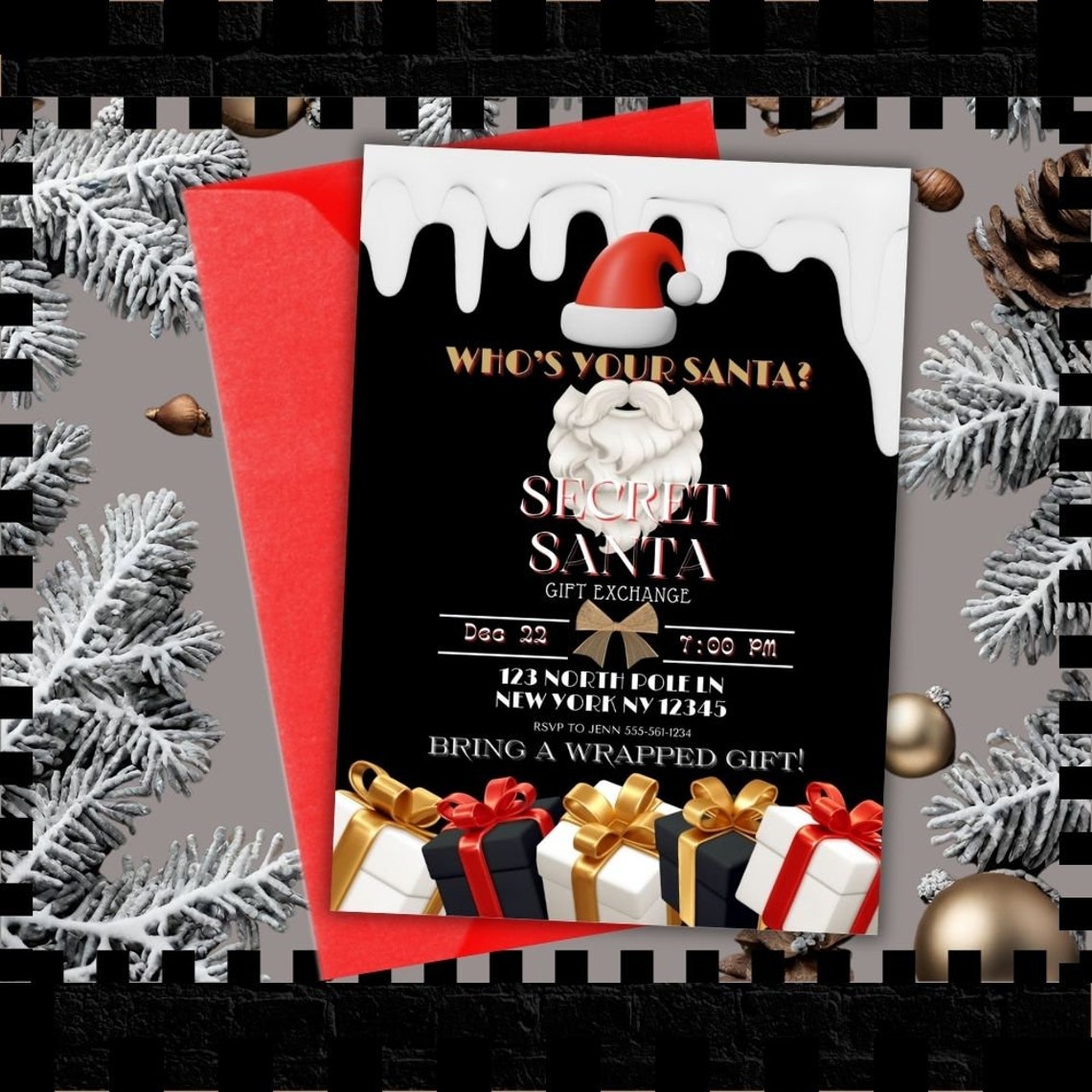 Editable Secret Santa Gift Exchange Digital Christmas Party Invitation ...