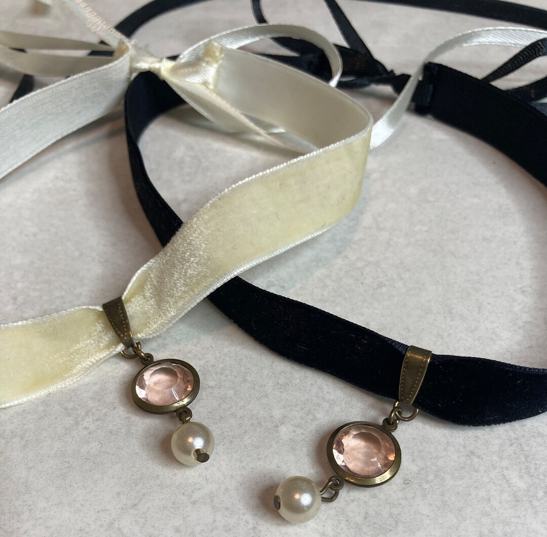 Choker and Pendant, Cream or Black Choker With Ribbon Ties and Pink ...