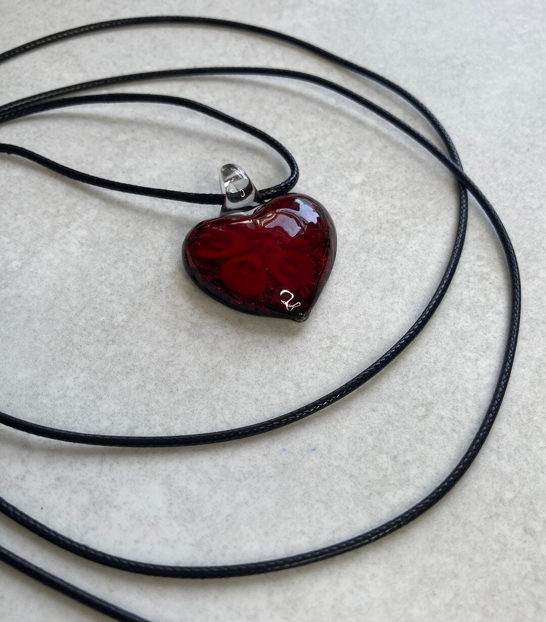 Red Heart Necklace Glass Heart Pendant With Long Wax Cord 132cm Y2K Emo ...
