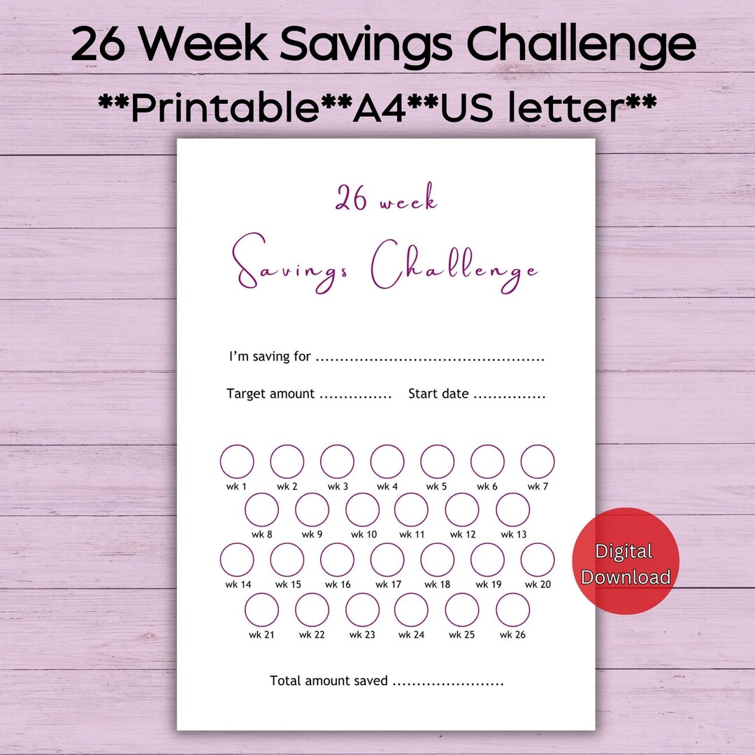 26 Week Savings Challenge Printable, Save Pounds, Dollars or Euros, Any ...