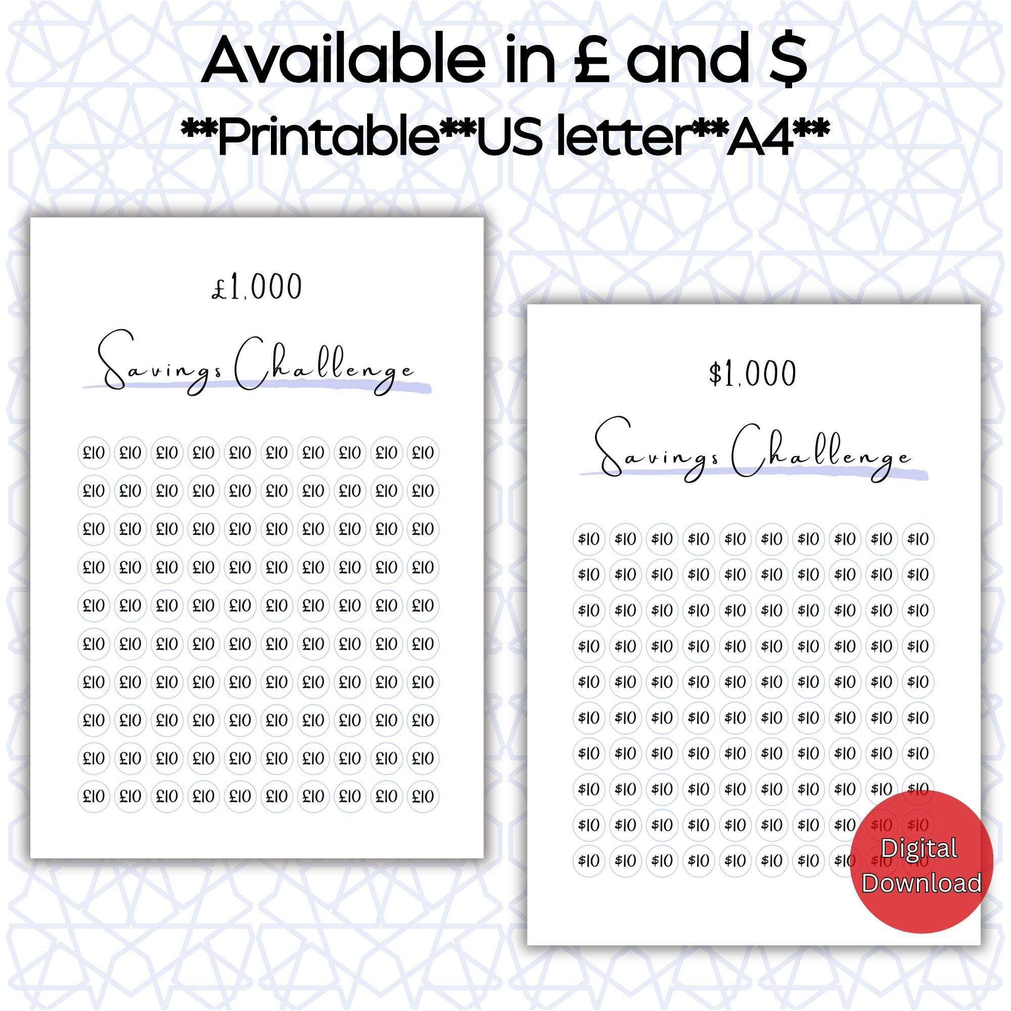 Savings Challenge Printable, Save 1000 Pounds or Dollars, Savings ...