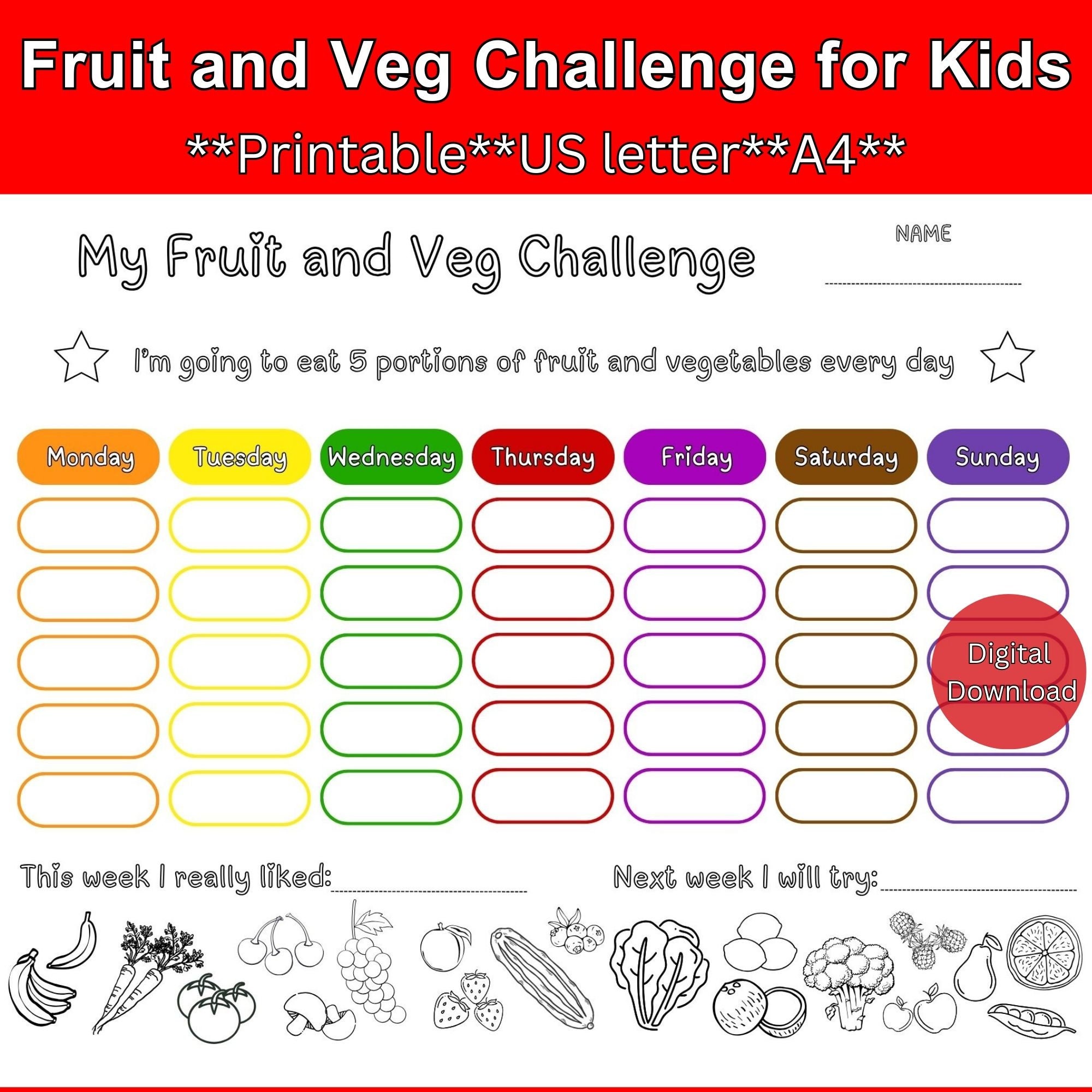 Kids Healthy Eating Fruit and Veg Challenge, 5 Portions of Fruit and ...