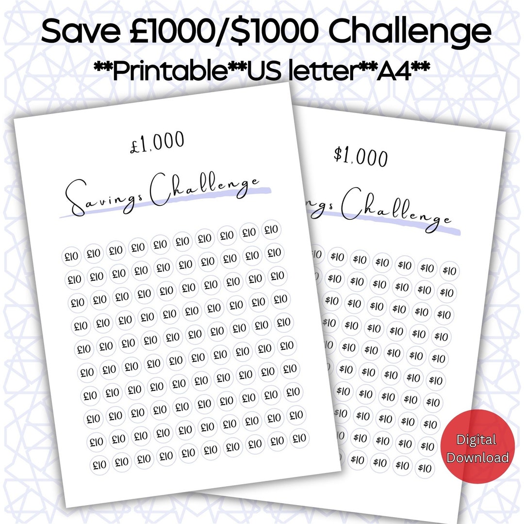 Savings Challenge Printable, Save 1000 Pounds or Dollars, Savings ...