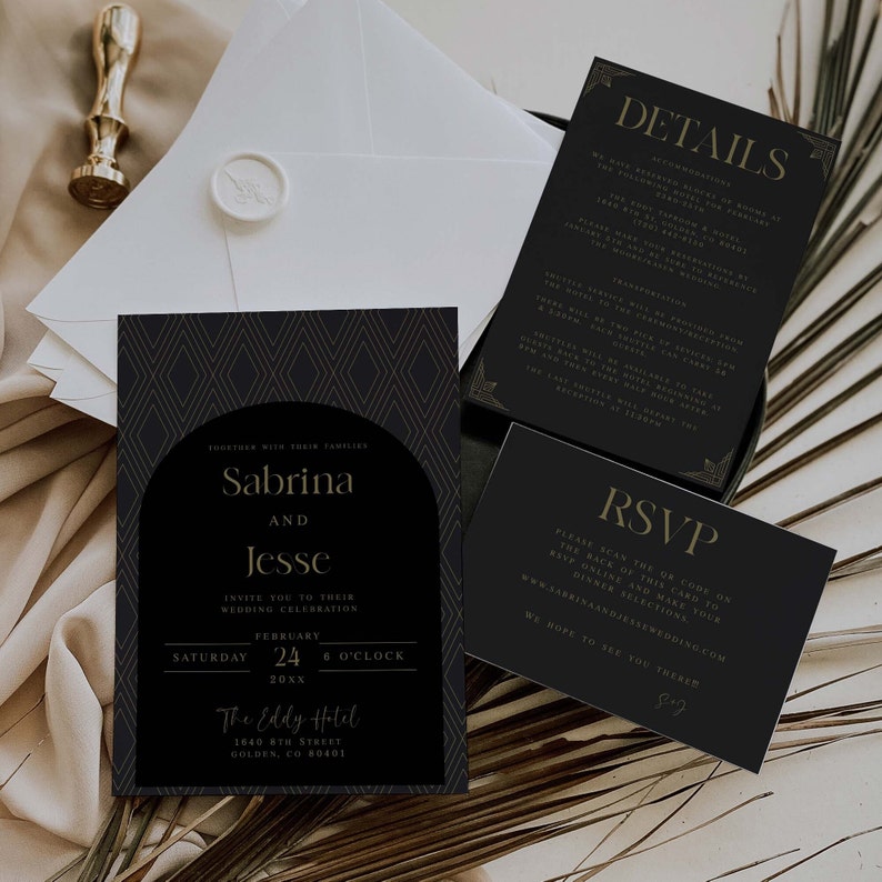 Black Art Deco Wedding Invitation Template Set DIY Art - Etsy
