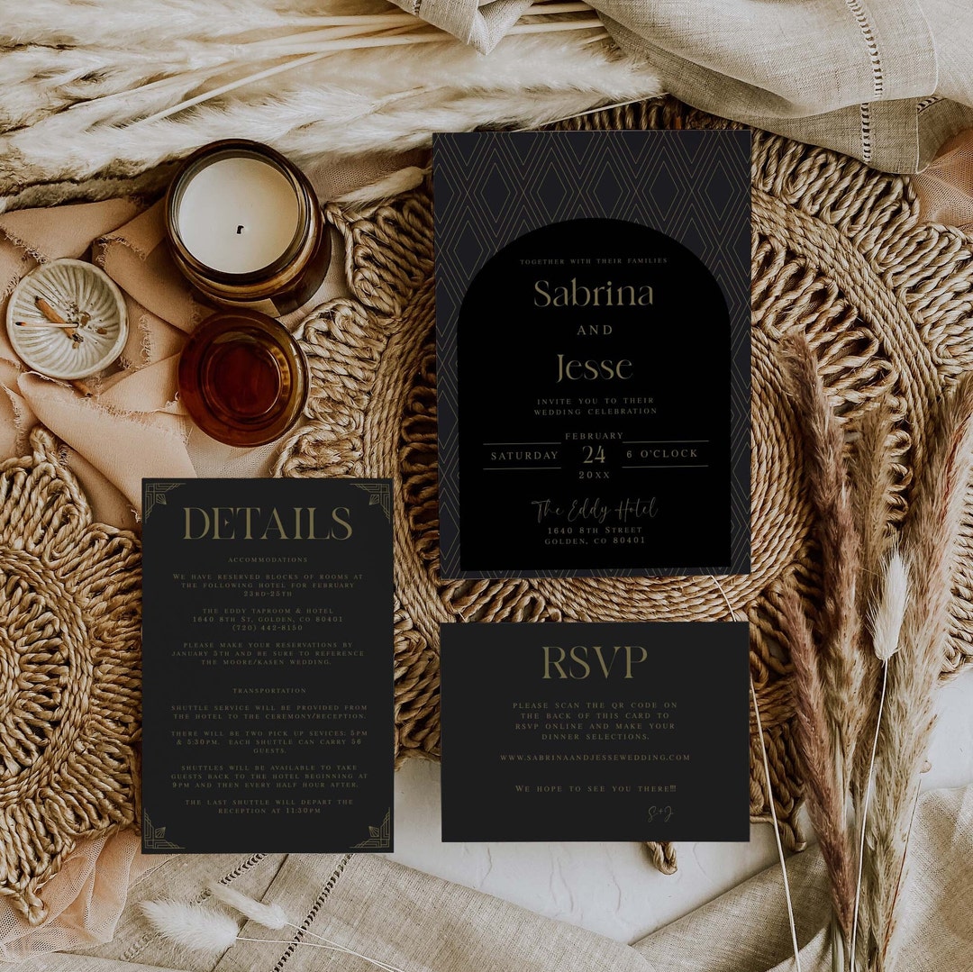 Black Art Deco Wedding Invitation Template Set, DIY Art Nouveau ...
