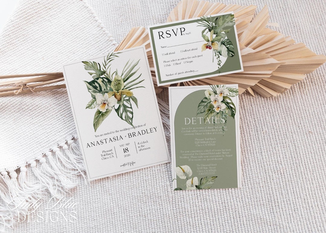 Unique Tropical Wedding Invitation Template Set Watercolor Monstera ...