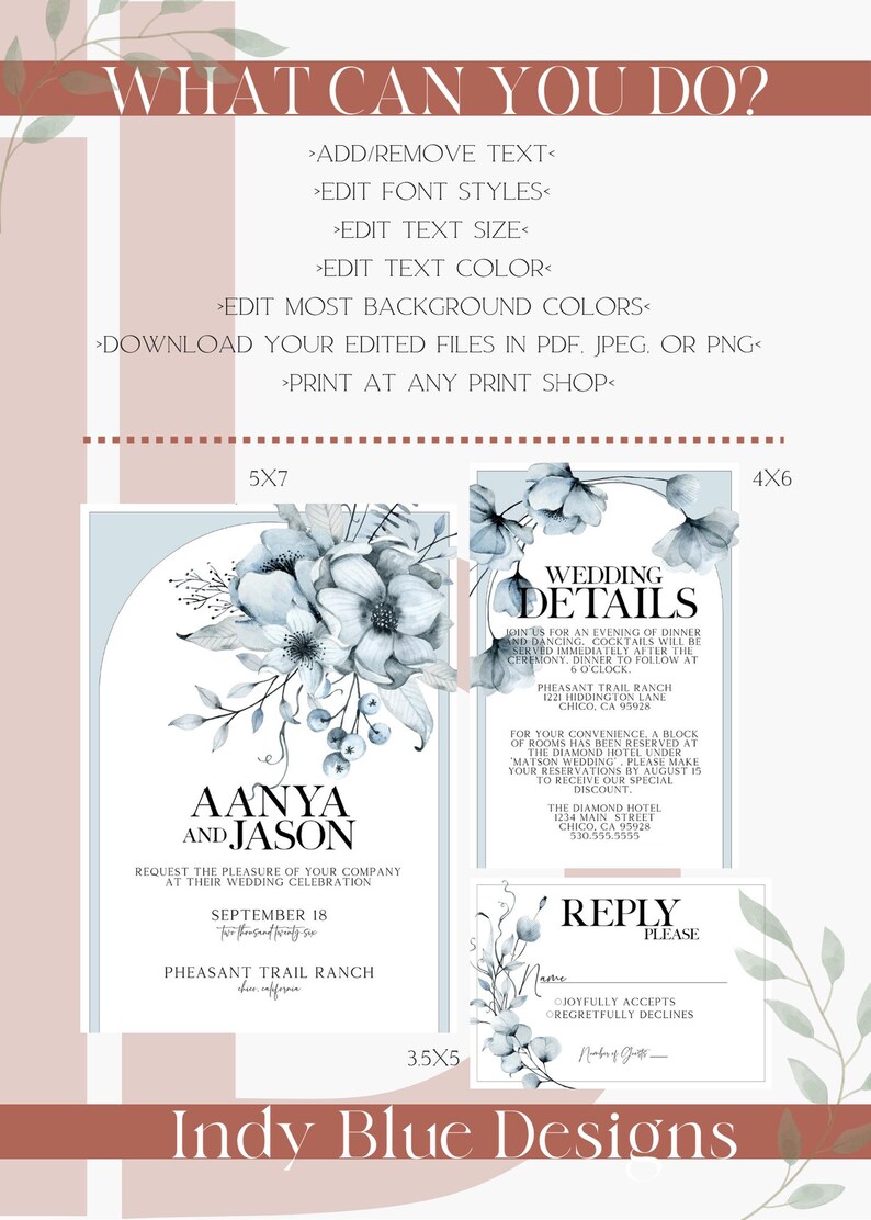 Unique Wedding Invitation Template Set Modern DIY Announcement Blue ...
