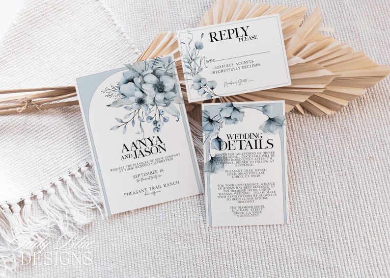 Unique Wedding Invitation Template Set Modern DIY Announcement Blue ...
