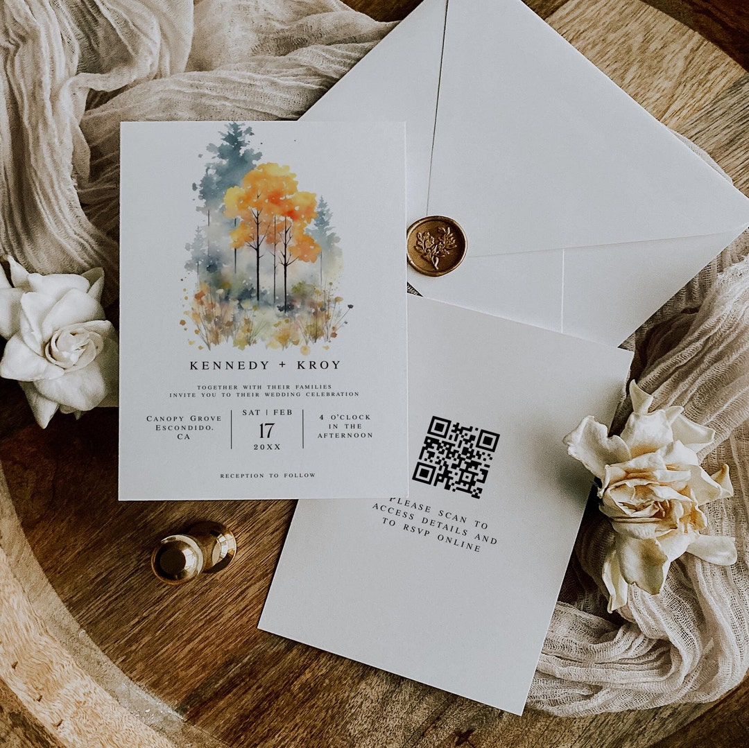 Autumn Trees Wedding Invitation Template Set Fall Watercolor - Etsy