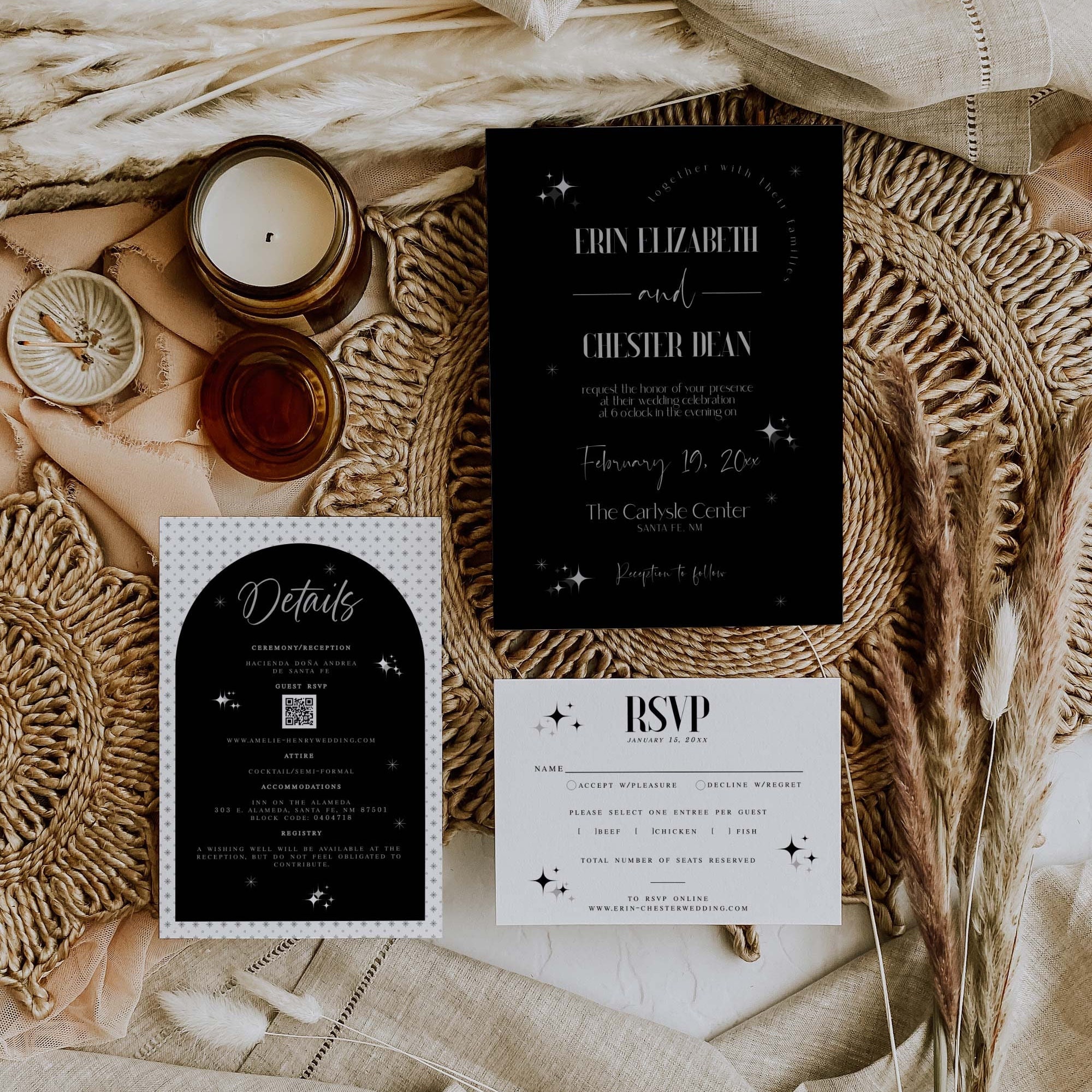 Black Modern Wedding Invitation Template Set, DIY Wedding Printable ...