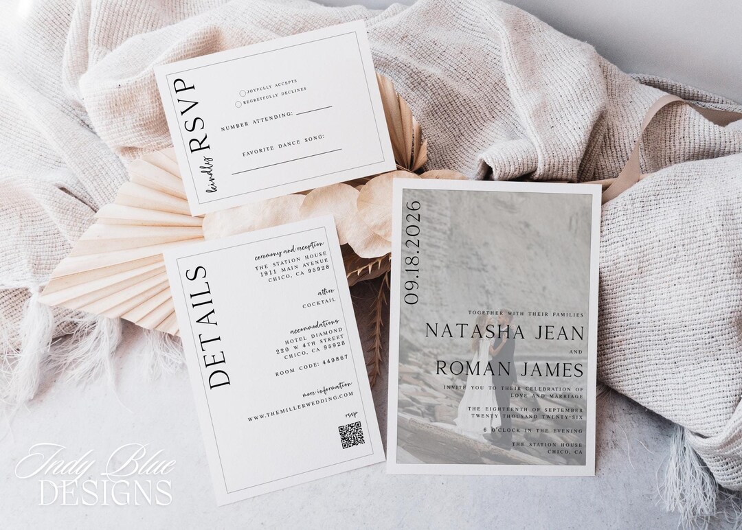 Unique Photo Wedding Invitation Template Suite Classic Minimalist Invitation Set Printable ...