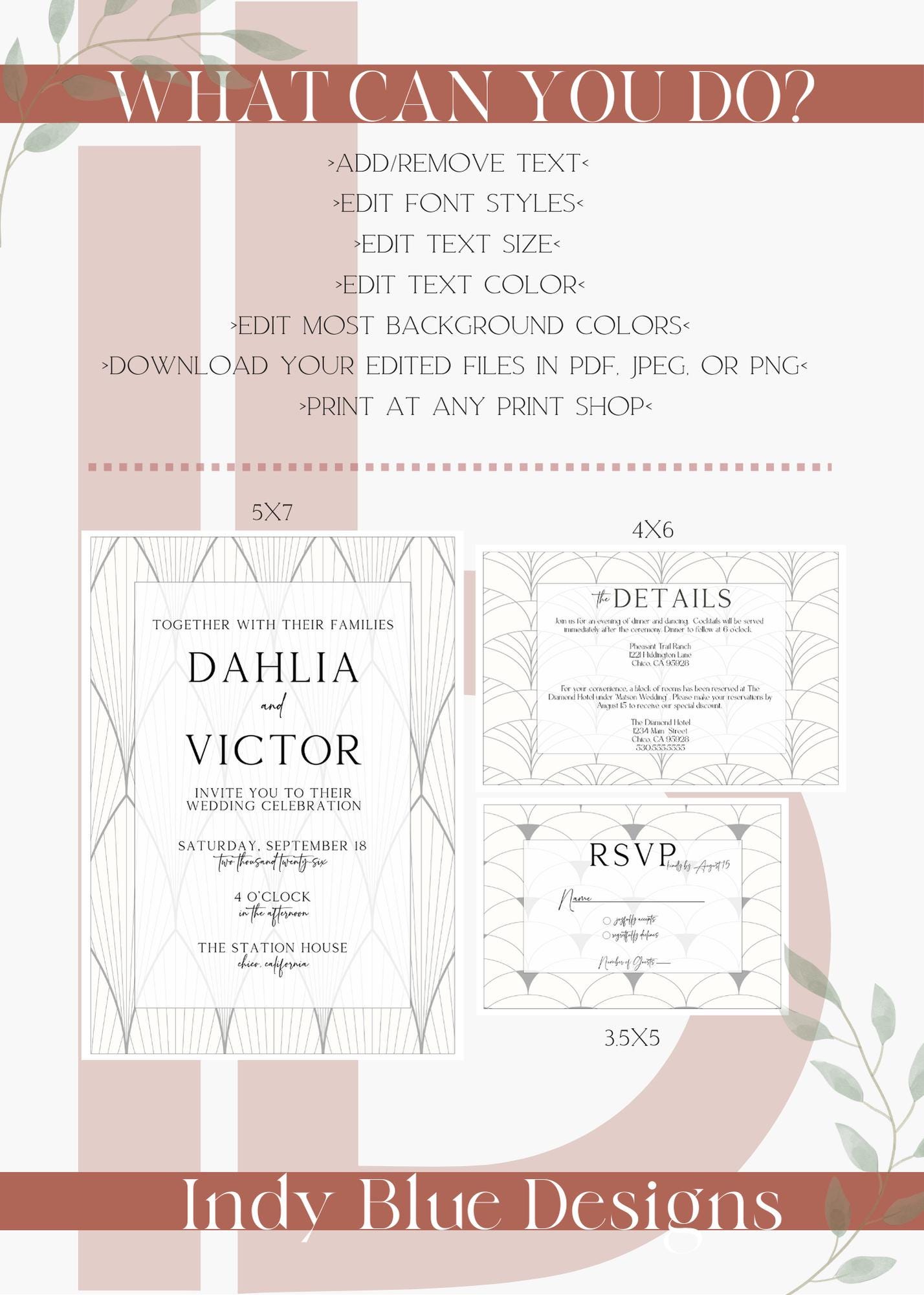 Unique Art Deco Wedding Invitation Template Set DIY Art Nouveau ...
