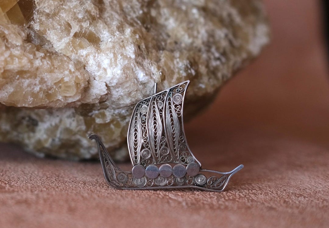LAURITS BERTH Antique Filigree Viking Ship Brooch Sterling Silver ...