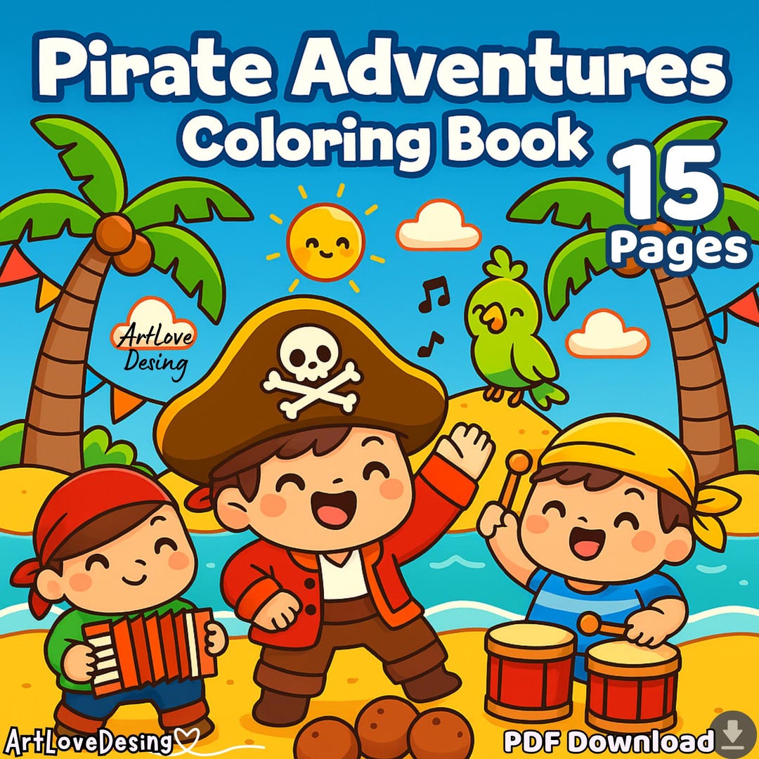 Pirate Coloring Pages for Kids, Kawaii Pirate Adventure Printable Book ...