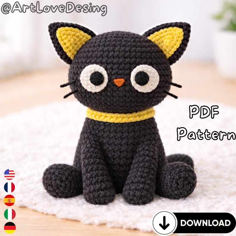 Black Cat Amigurumi Crochet Pattern PDF – Cute Sitting Cat Plush Toy ...
