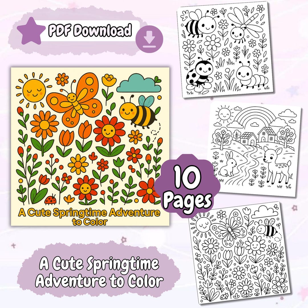 Spring Coloring Pages for Kids, Cute Printable Kawaii Springtime ...