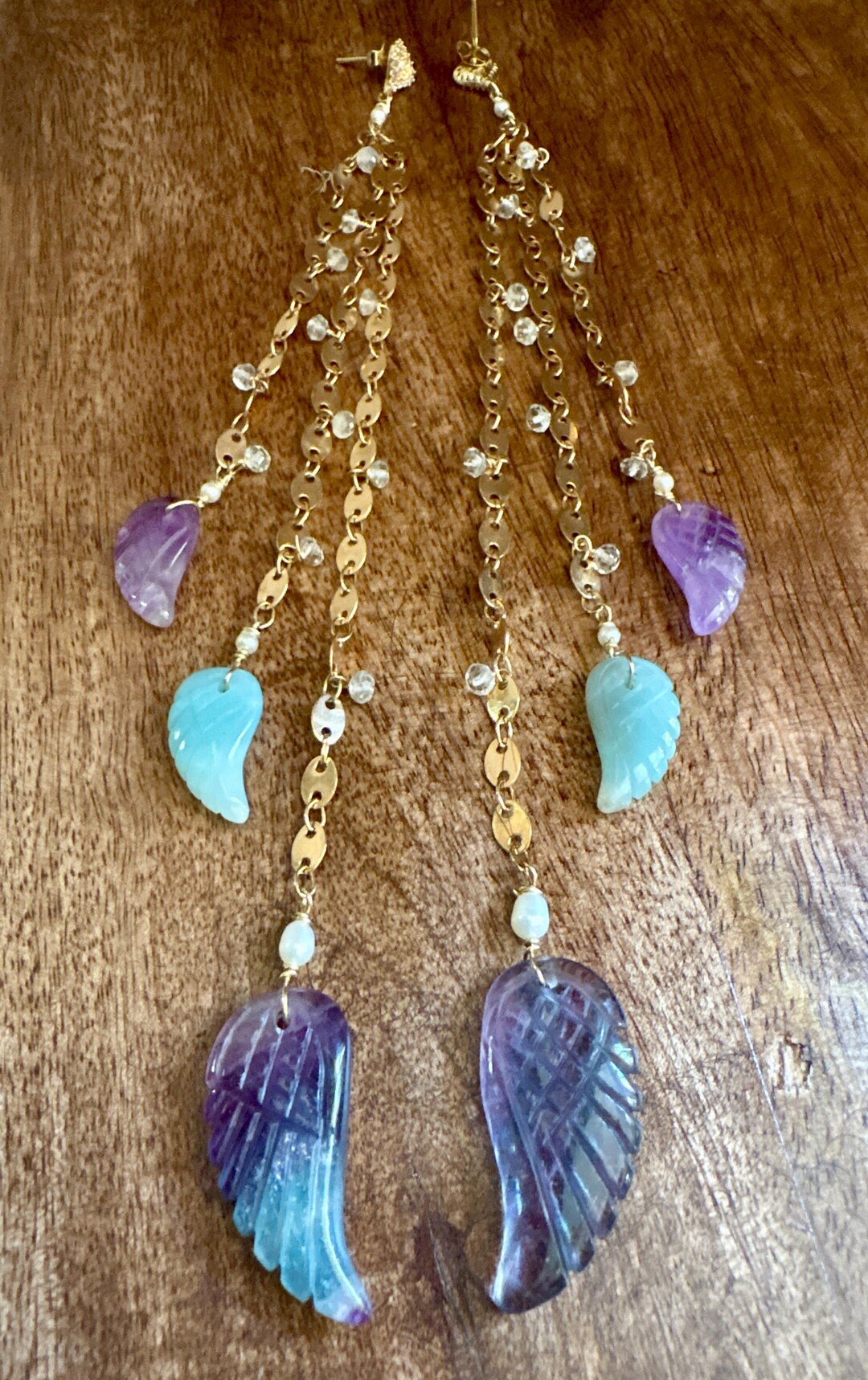Celestial Harmony -angel Wing Long Earrings • Fluorite, Amazonite ...