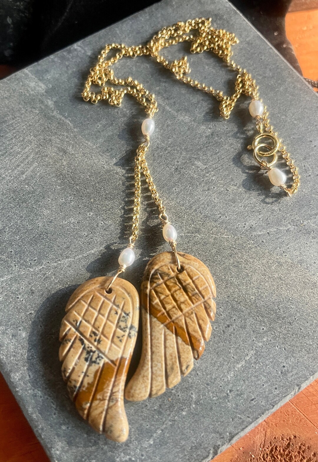 Picture Jasper Angel Wings Necklace: 14K Gold-filled Chain, Freshwater ...