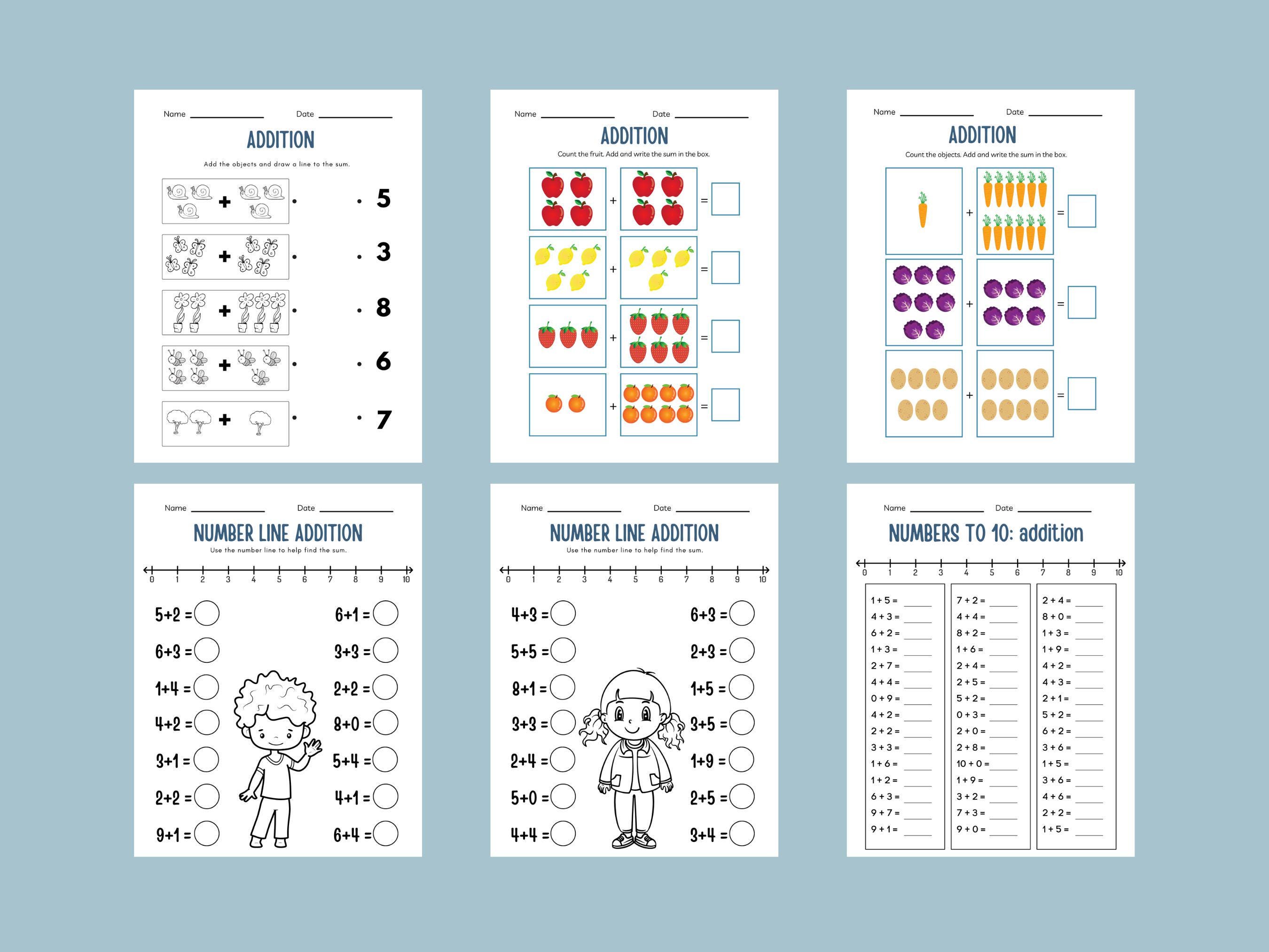 Kindergarten Math Worksheet Bundle: Addition, Subtraction, Telling Time ...