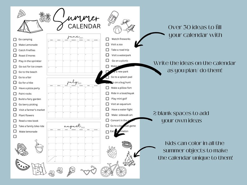Printable Summer Activity Calendar: Family Bucket List (instant ...