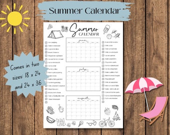 Editable Summer Calendar Poster, Summer Activities Calendar, Summer ...