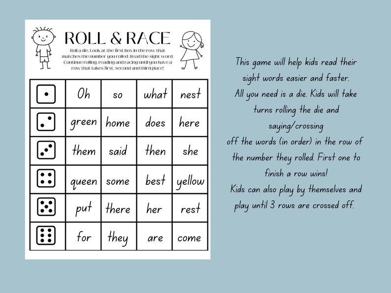 Sight Word Worksheets| Roll & Race Sight Word Game| Dice Game ...