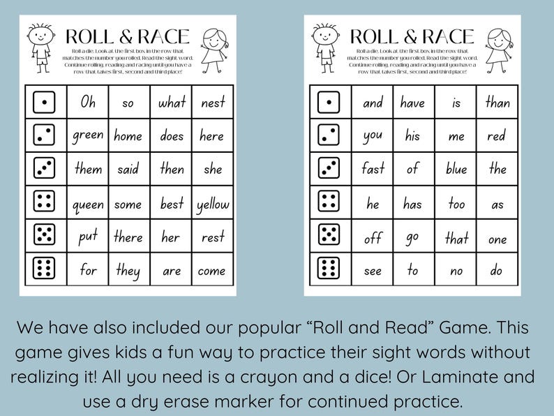 Kindergarten Sight Word Flash Cards & Roll and Read Game (digital ...