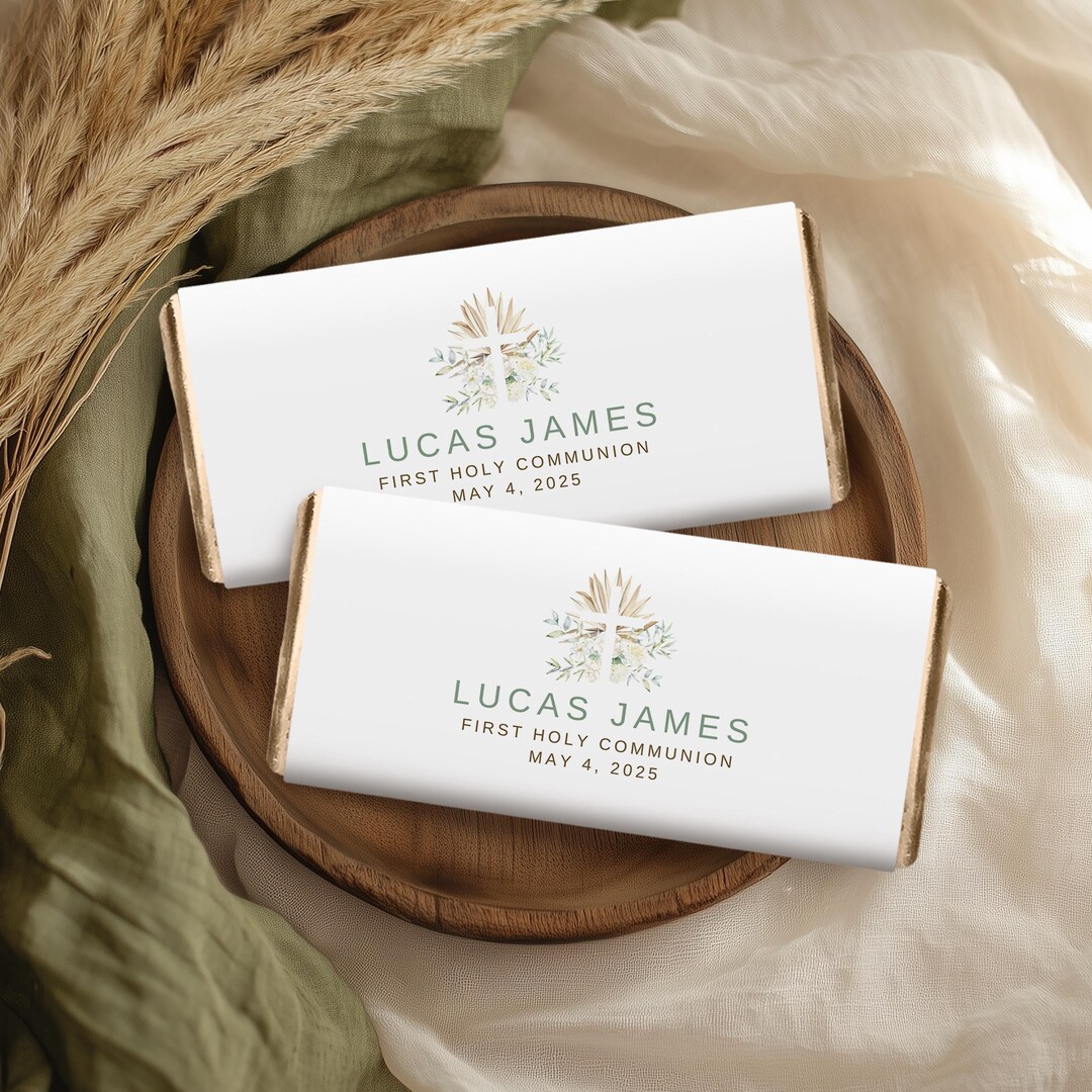 First Holy Communion Chocolate Bar Wrapper Template: Neutral Sage ...