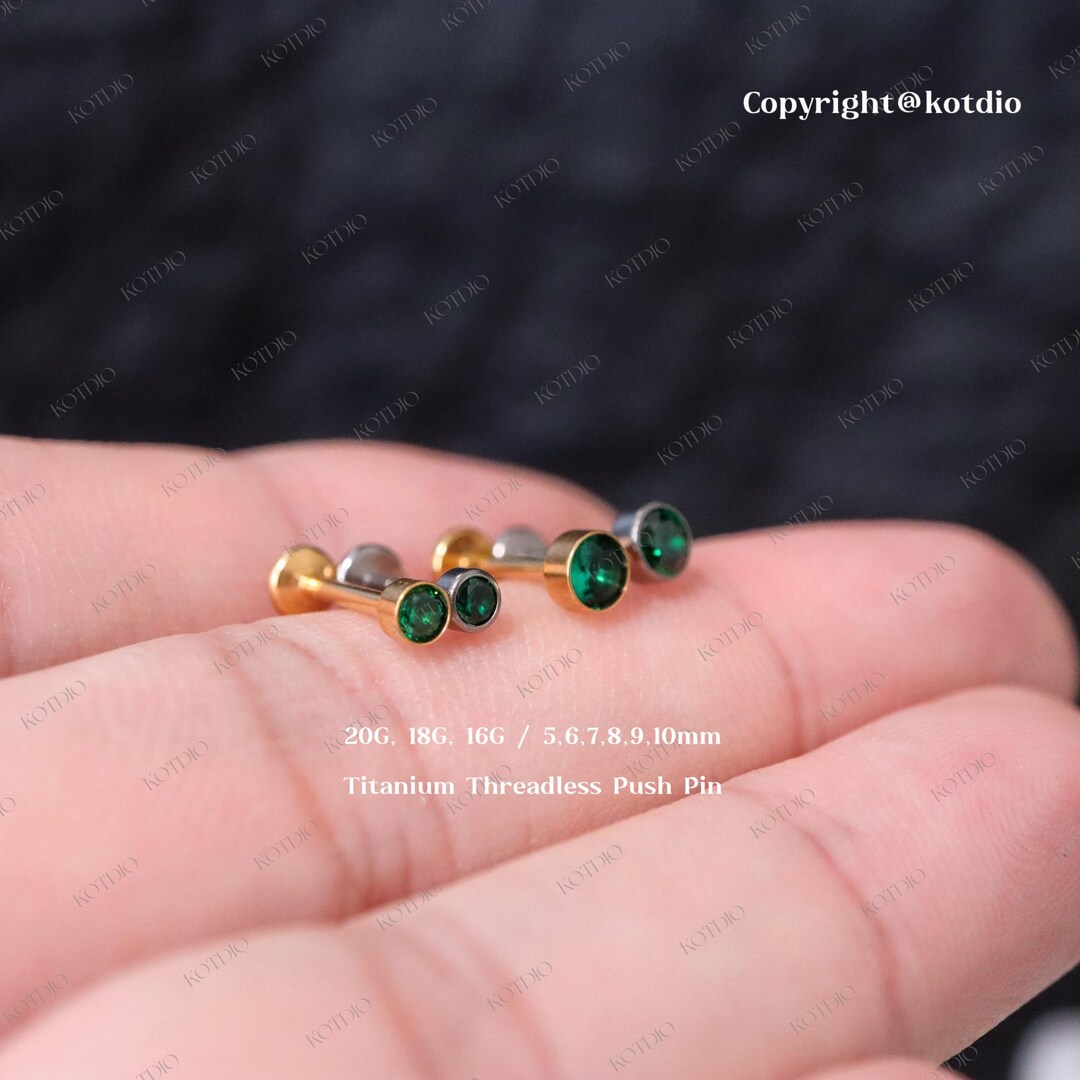 20G/18G/16G Emerald Cz Threadless Push Pin Labret, Green Cz Titanium ...
