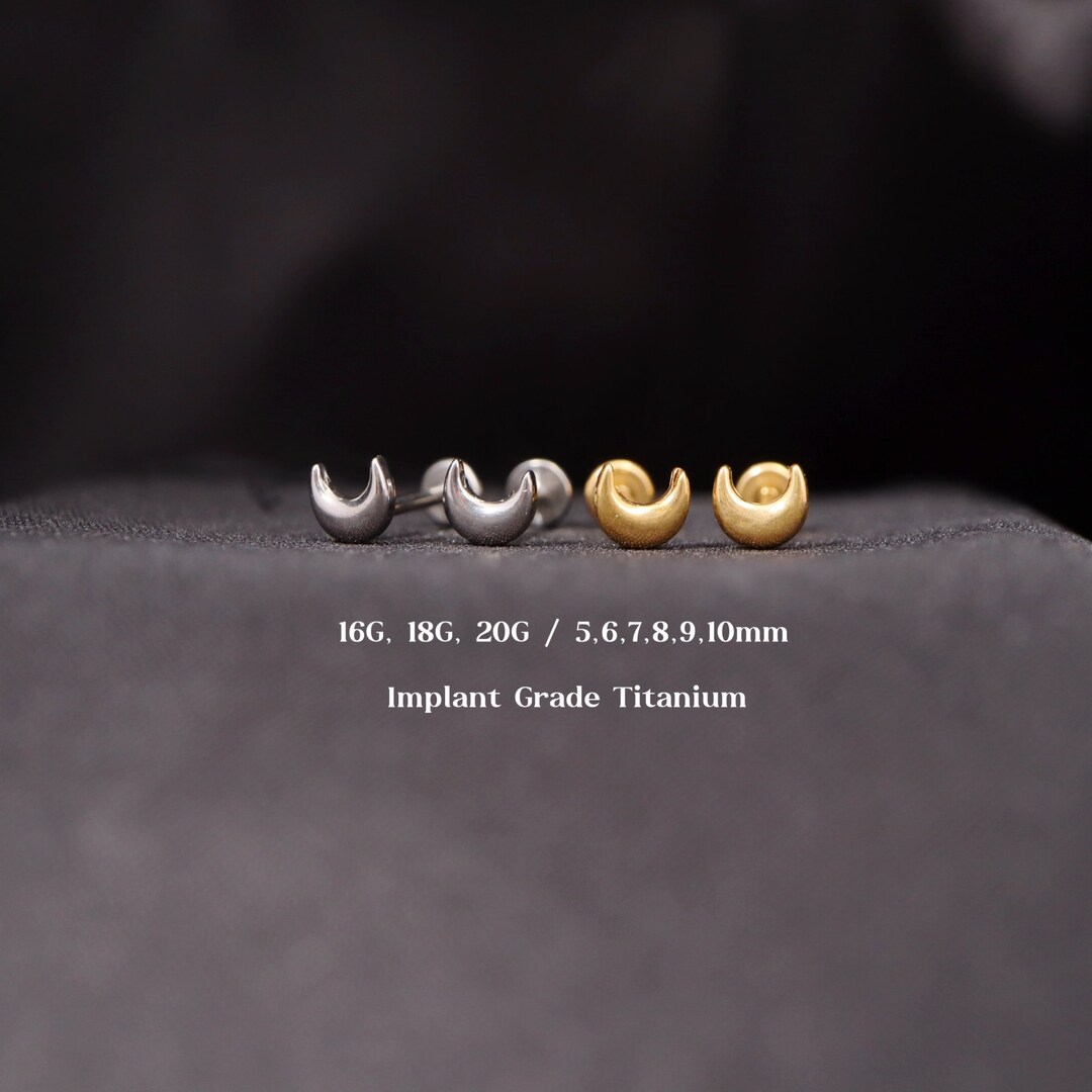 Titanium Crescent Moon Threadless Push Pin Labret, 20G/18G/16G Flat Back Earrings, Cartilage ...