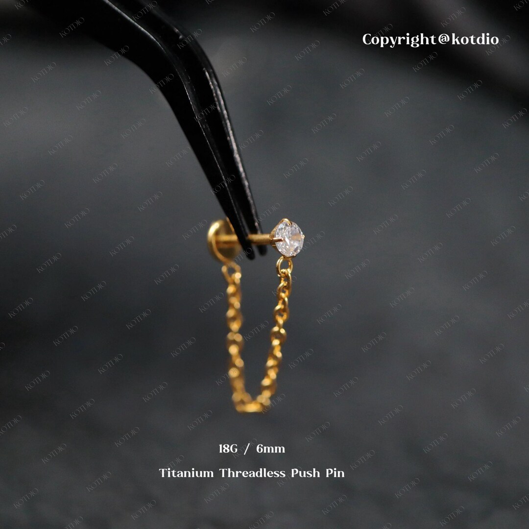 18G Titanium Threadless Helix Cz Chain Push Pin Stud, Cz Flat Back ...