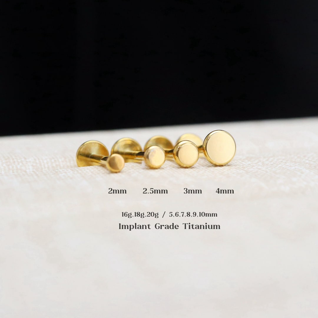 20G/18G/16G Titanium Disc Flat Back Earrings, Round Threadless Push Pin Labret, Gold Round Stud ...