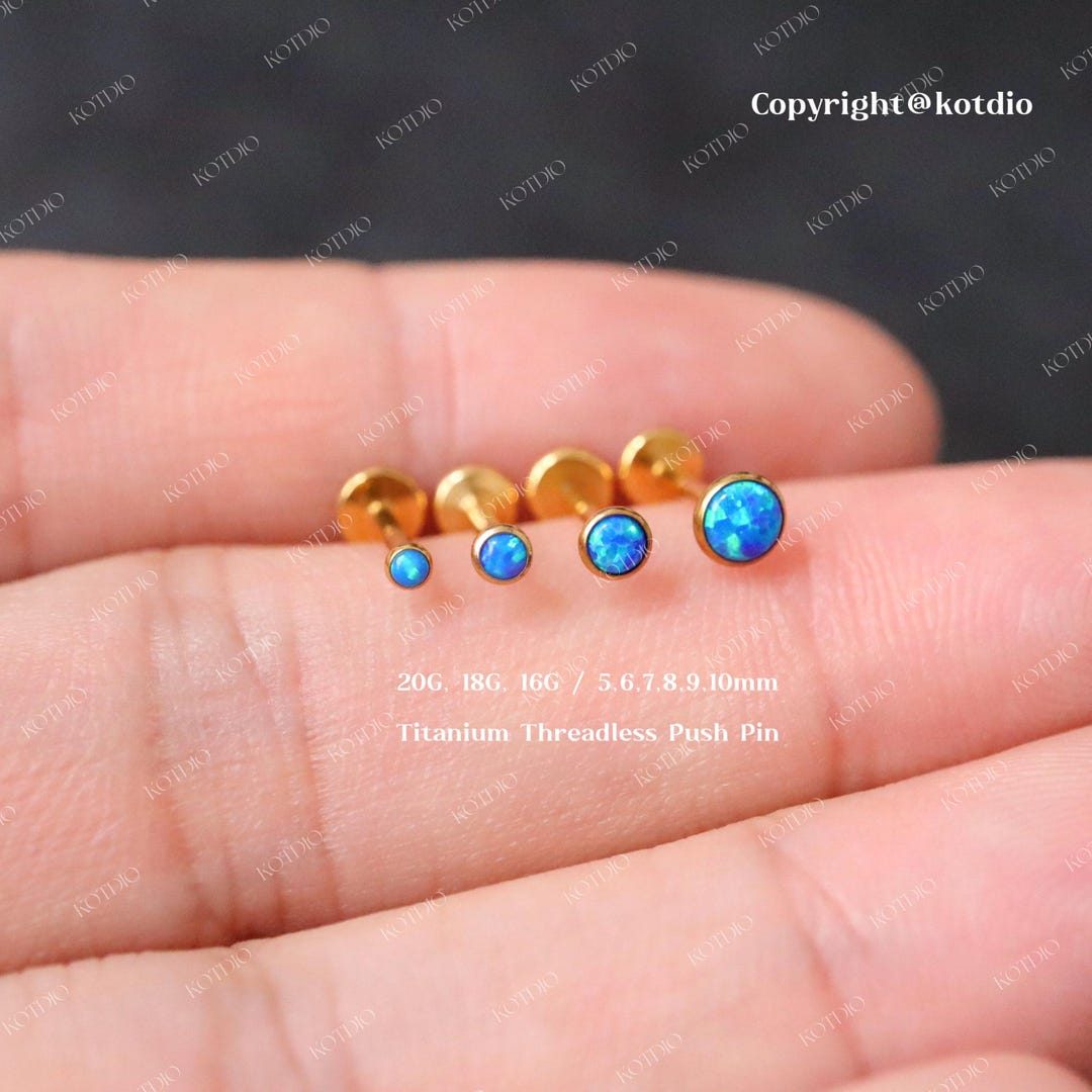 20G/18G/16G Titanium Blue Opal Threadless Push Pin Labret, Bezel Opal ...